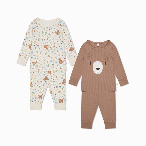 Bear Print & Ribbed Pyjamas 2 Pack | Organic Baby Sleepwear | MORI UK