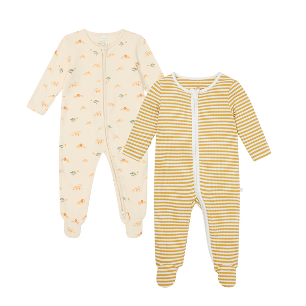 Lion & Striped Ribbed Clever Zip Sleepsuit 2 Pack | MORI UK