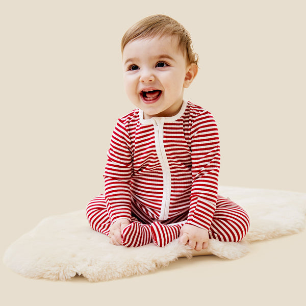 Ruby Stripe Ribbed Clever Zip Sleepsuit | Baby Christmas Clothes - MORI UK