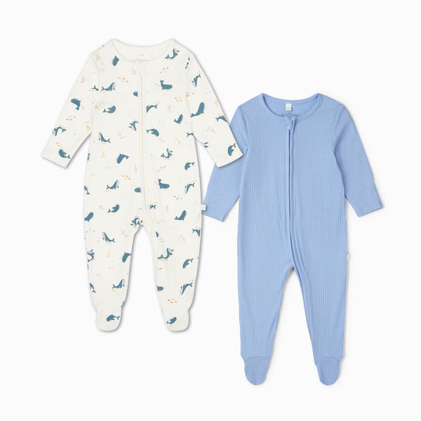 Whale Print & Ribbed Clever Zip Sleepsuit 2 Pack | Organic Baby ...